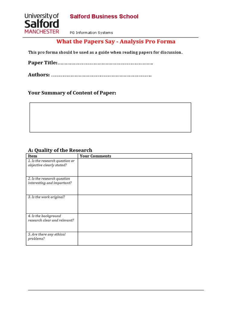 What The Papers Say - Analysis Pro Forma: Paper Title: . Authors ...