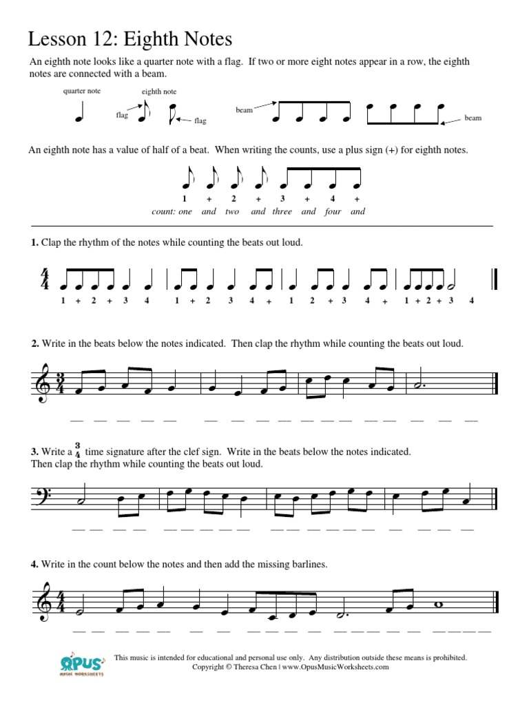 Music Theory Worksheet 12 Eighth Notes PDF | PDF | Rhythm And Meter ...