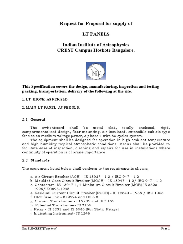 RFP For LT Panel | PDF | Electrical Wiring | Relay