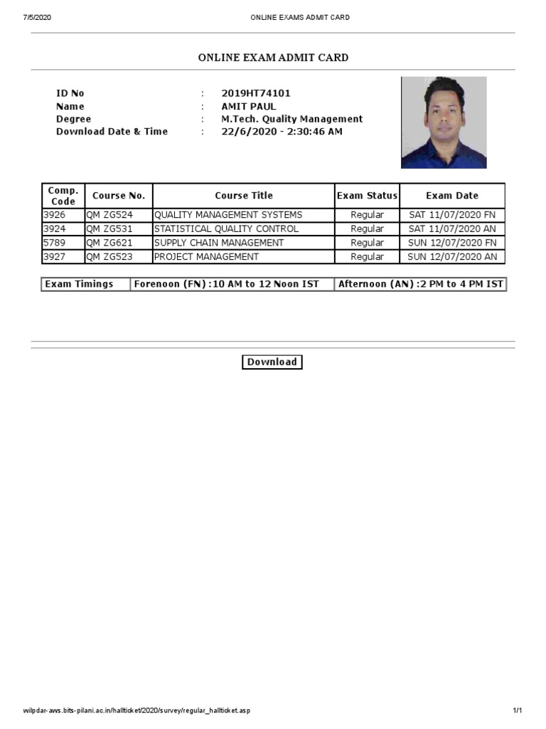 Online Exam Admit Card Format | PDF