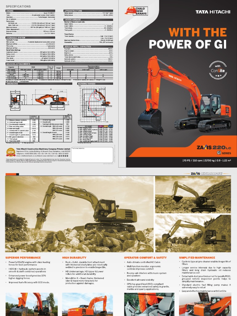 Tata Hitachi zx220lc Technical Specification Brochure | PDF