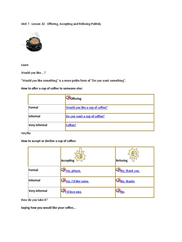 Unit 7 - Lesson 32 - Offering, Accepting and Refusing Politely | PDF
