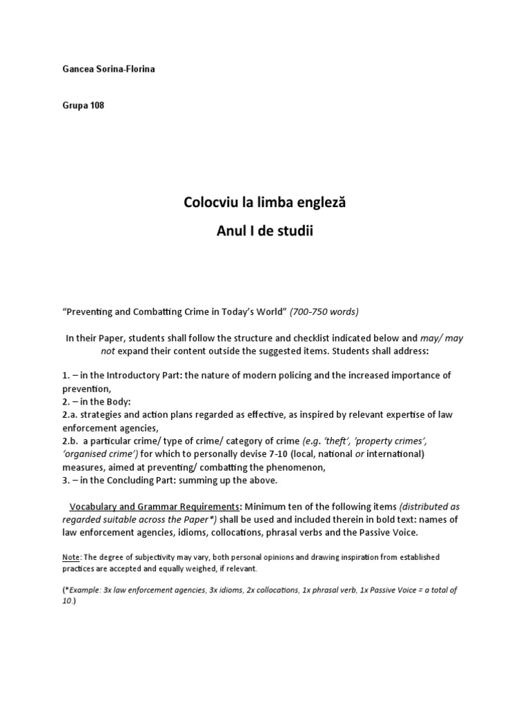 COLOCVIU-S2 2020. Sorina-Florina Gancea. Grupa 108 | PDF | Burglary | Crime & Violence