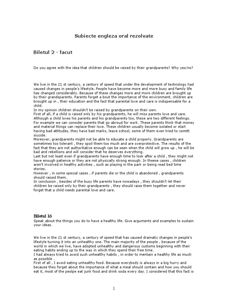 Subiecte Engleza Oral Rezolvate Biletul 2 - Facut | PDF | Grandparent ...