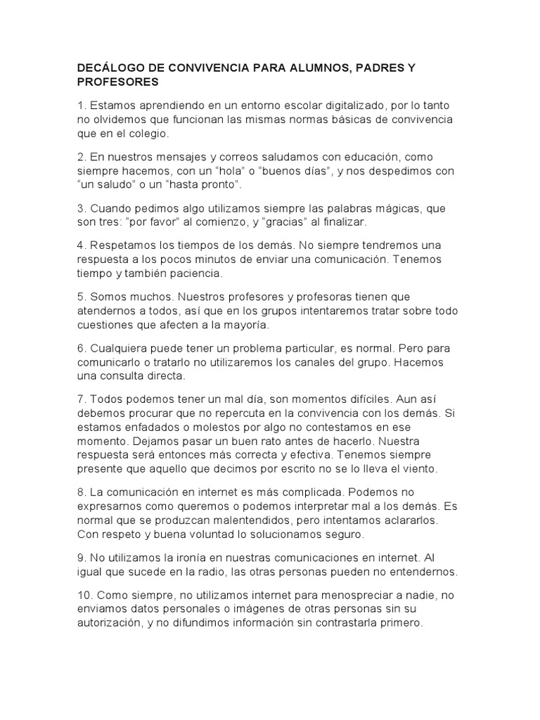 Decálogo de Convivencia para Alumnos | PDF | Comunicación | Escuelas