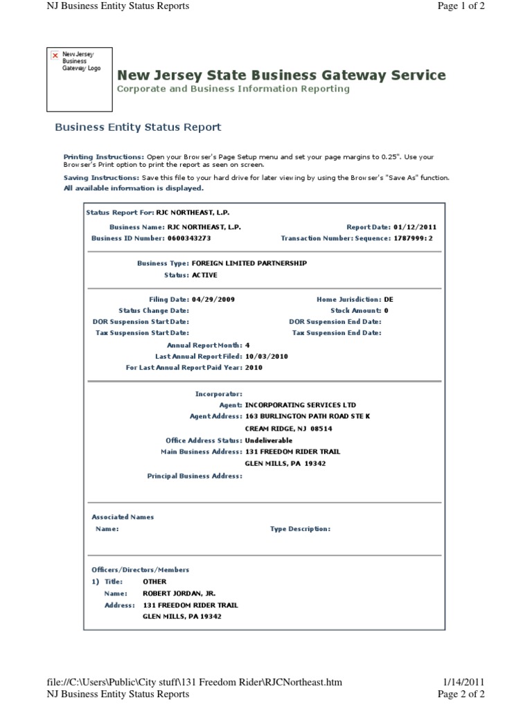 NJ Business Entity Status Report | PDF | Limited Partnership | Credit Card