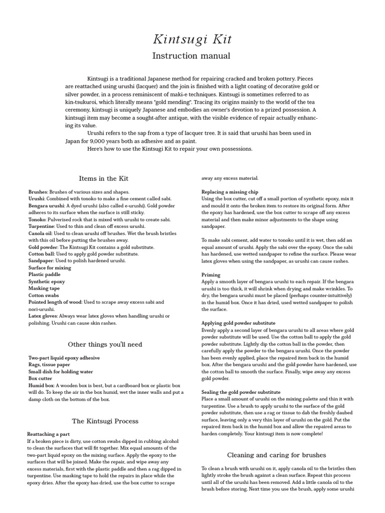 Kintsugi Kit: Instruction Manual | PDF | Epoxy | Art Media