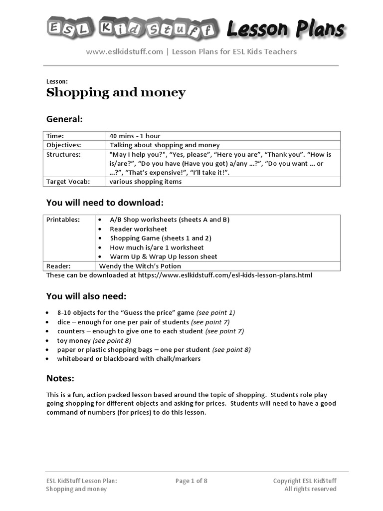 Shopping Lesson Plan | PDF | Lesson Plan | English As A Second Or ...