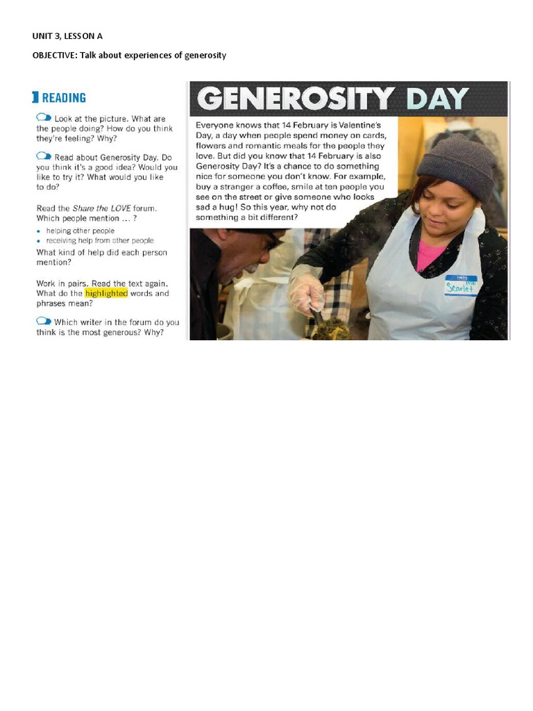 Unit 3, Lesson A OBJECTIVE: Talk About Experiences of Generosity | PDF