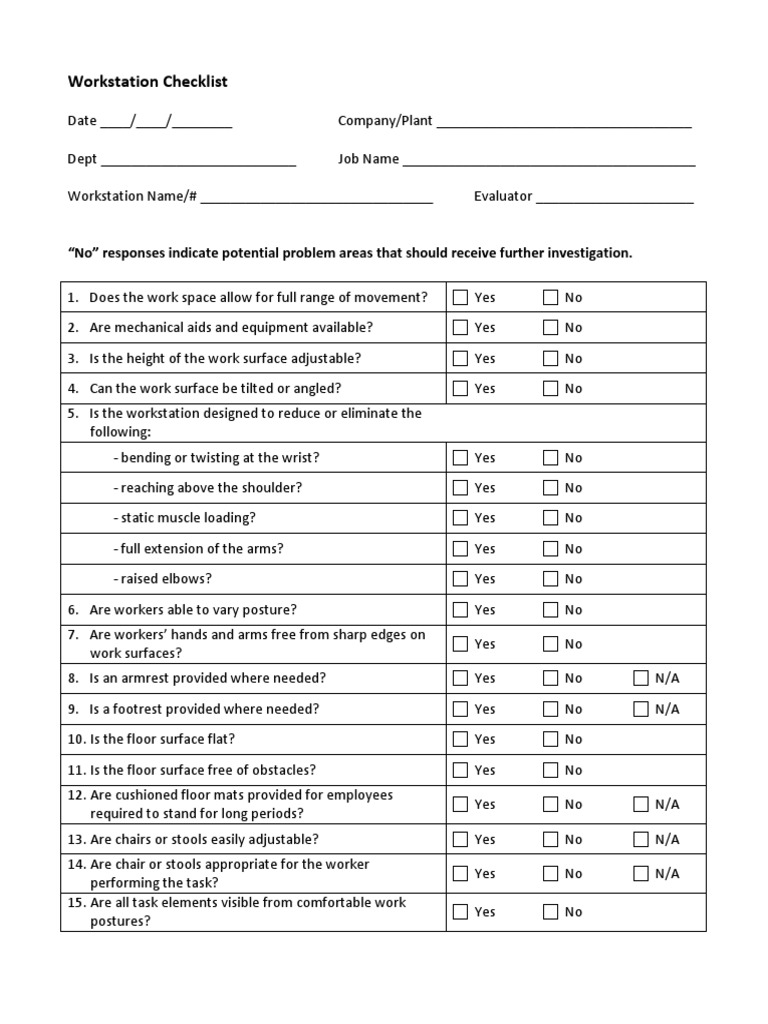 Workstation Checklist: "No" Responses Indicate Potential Problem Areas ...