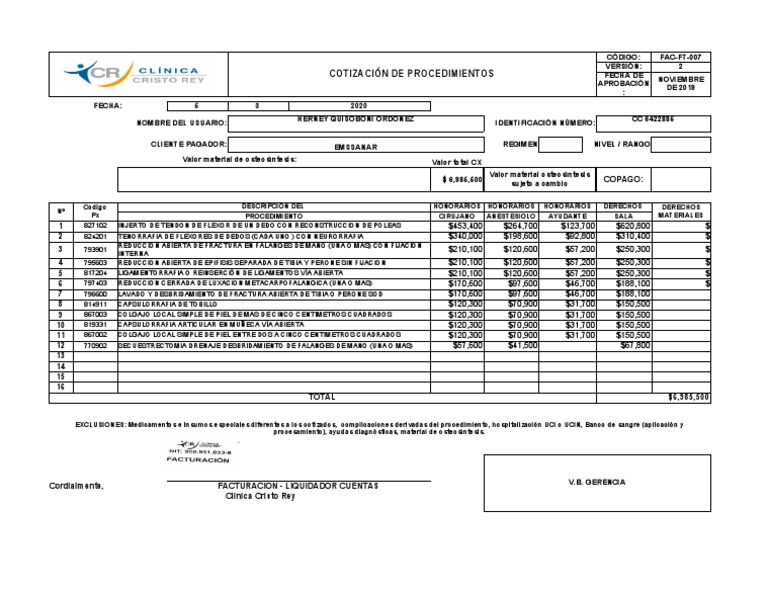 Cotizacion de Procedimiento de Cirugia Herney | PDF | Sistema musculoesquelético | Medicina