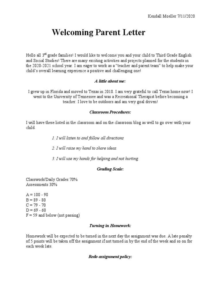 3rd Grade Welcome Letter & Policies | PDF