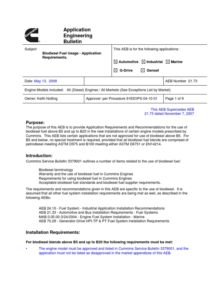 Application Engineering Bulletin: Purpose | PDF | Biodiesel | Filtration