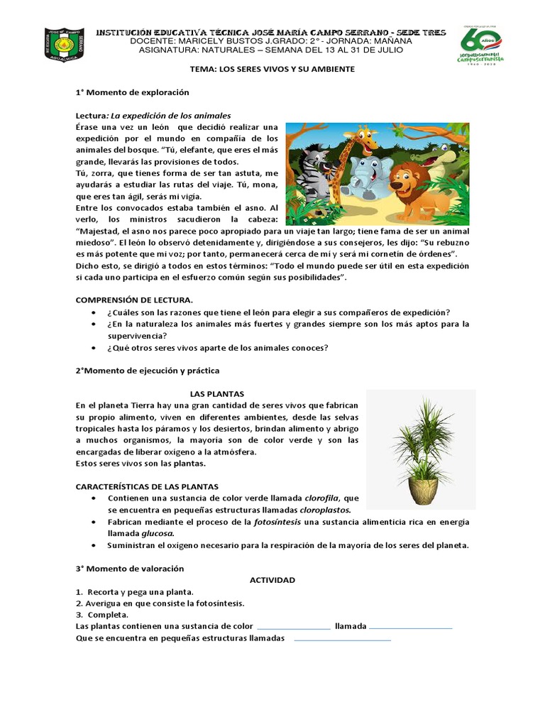 TEMA Naturales Los Seres Vivos y Su Ambiente Grado 2° Del 13 Al 31 de ...