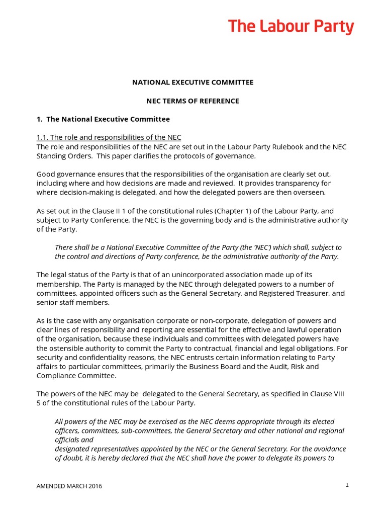 National Executive Committee Nec Terms of Reference 1. The National ...