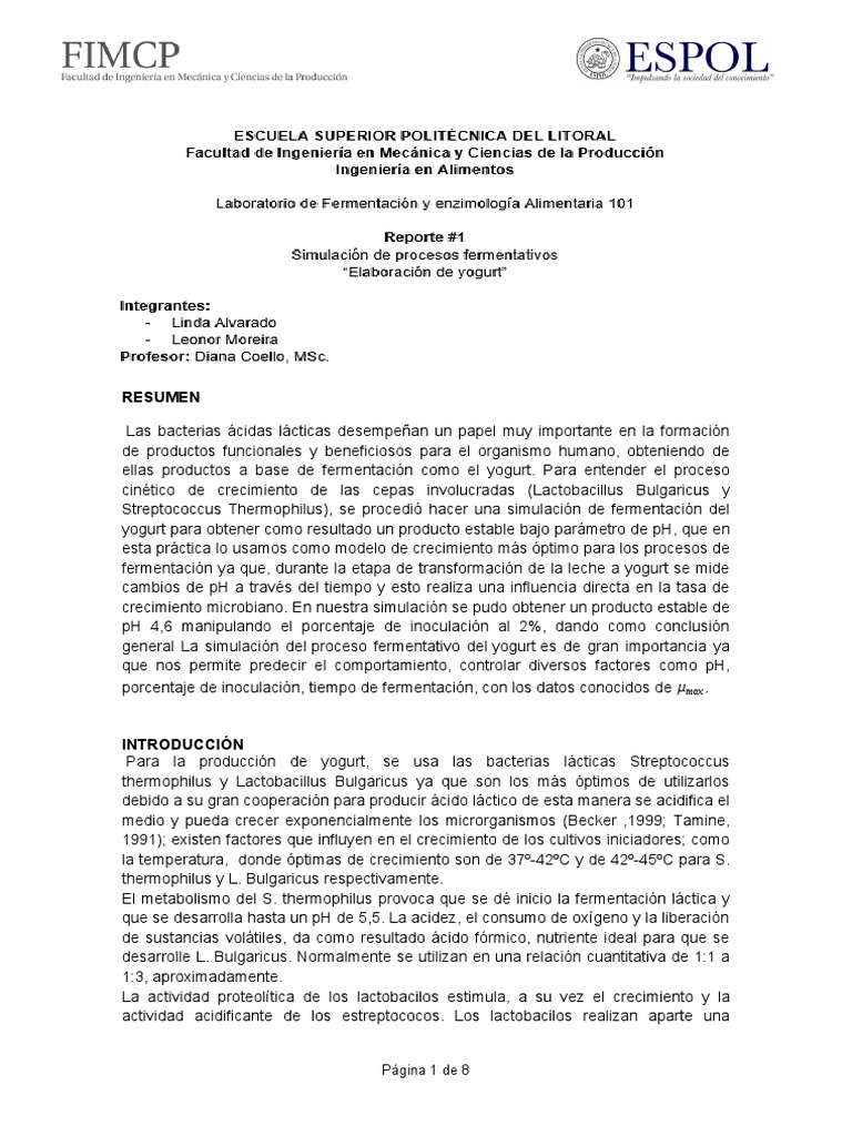 Reporte 1 Simulacion de Procesos Fermentativos | PDF | Yogur | Química