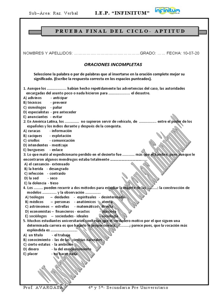 Prueba Final Del Ciclo - de Aptitud Verbal - 4°-5°sec - Pre-U - 10-07 ...