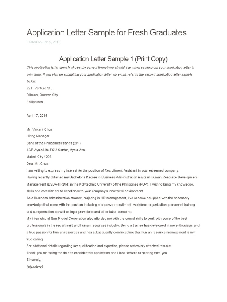 Application Letter Sample For Fresh Graduate