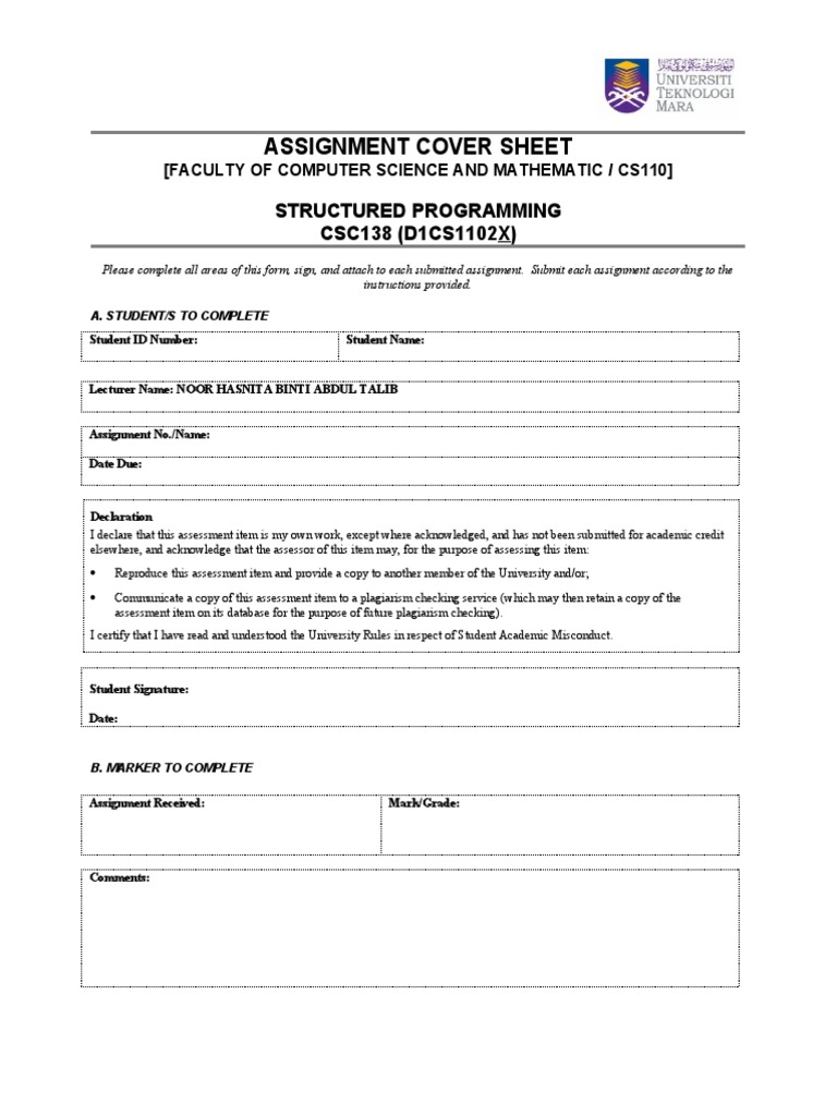 Assignment Cover Sheet: Structured Programming CSC138 (D1CS1102X) | PDF ...