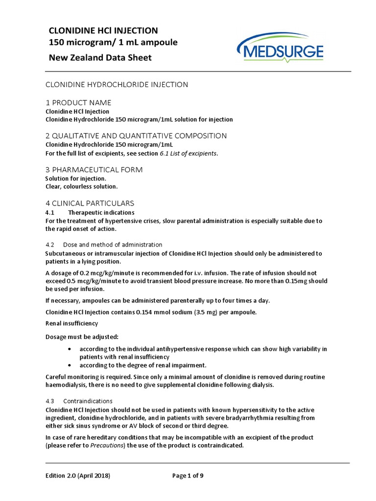 Clonidine HCl Injection Dosage Guide | PDF | Dose (Biochemistry ...
