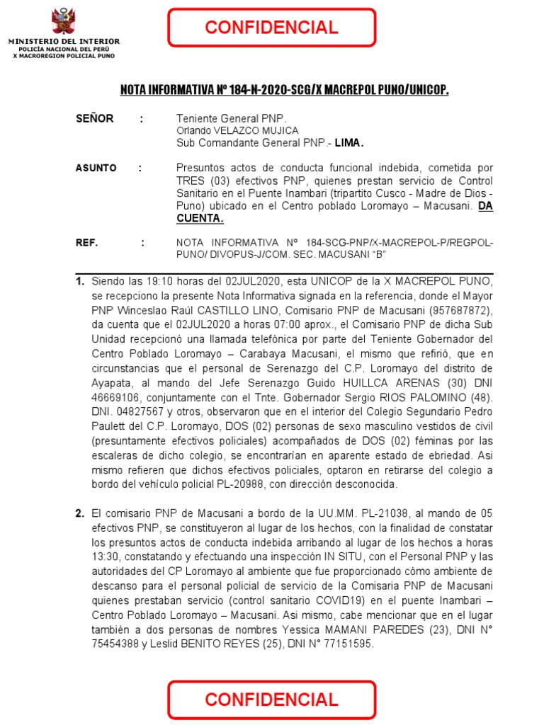 Ni #184-N-Presunta Conducta Funcional Indebida de Efectivos PNP - Com ...