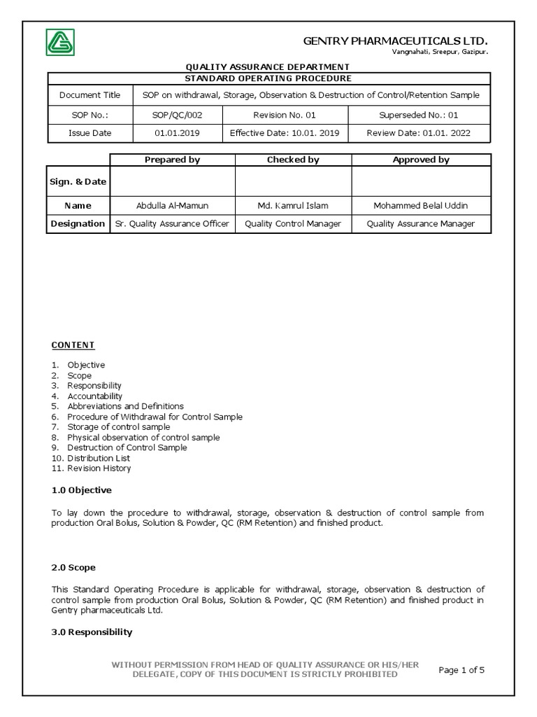 02.SOP of Retention Sample (Raw Material) | PDF | Quality Assurance ...