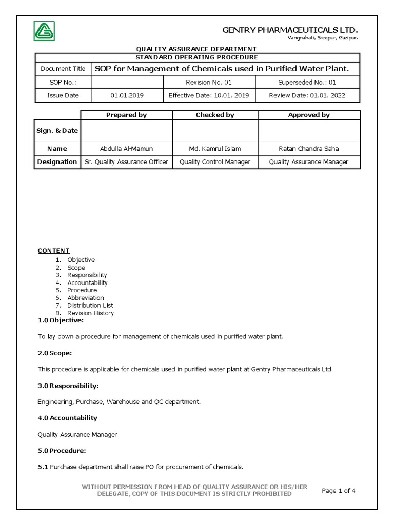 12.SOP For Management of Chemicals Used in Purified Water Plant in ...