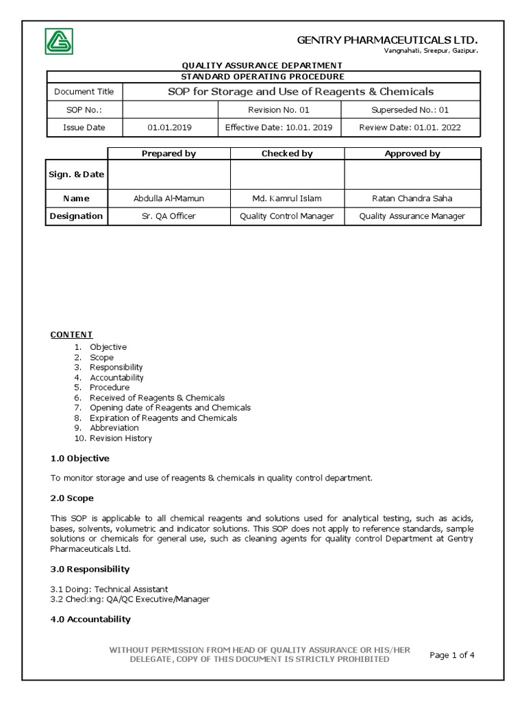 05.SOP For Storage and Use of Reagents & Chemicals | PDF | Shelf Life ...