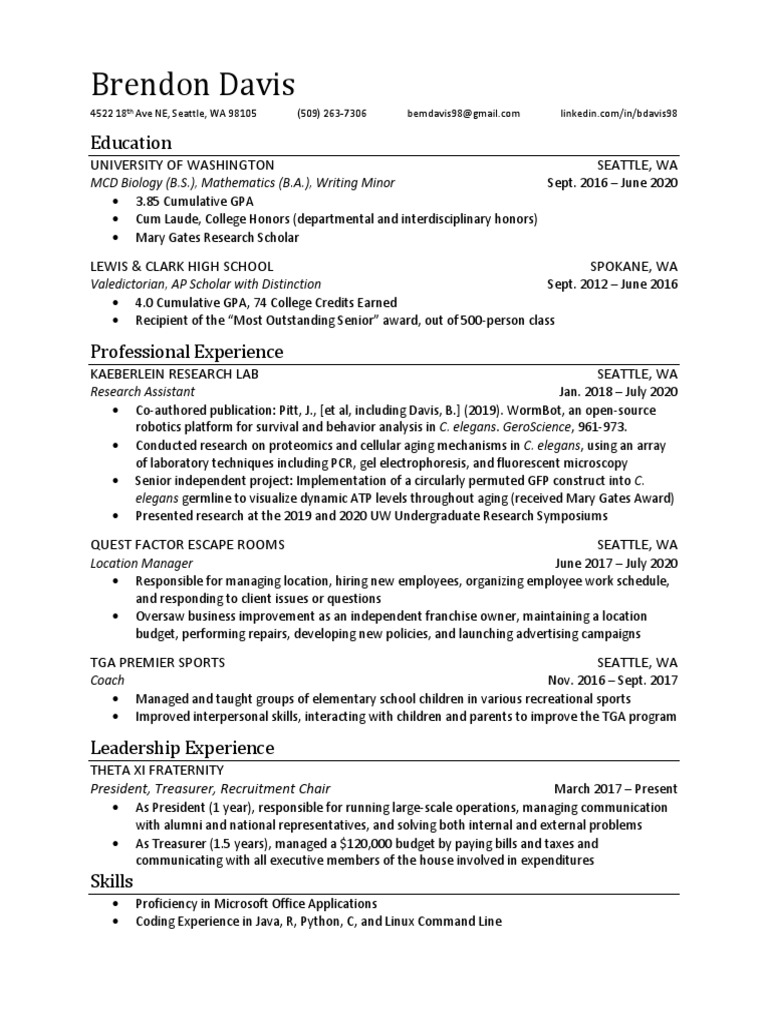 Davis - Resume | PDF | Biology | Computing And Information Technology