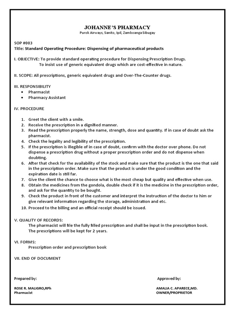 Pharmacy Standard Operating Procedure | PDF | Prescription Drugs | Pharmacy