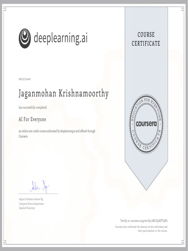 Coursera AI For Everyone Certificate | PDF | Service Companies Of The ...