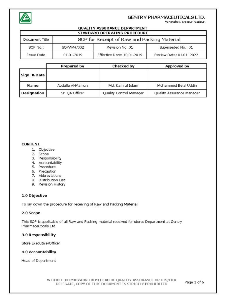 07.SOP For Receipt of Raw and Packing Material | PDF | Quality ...