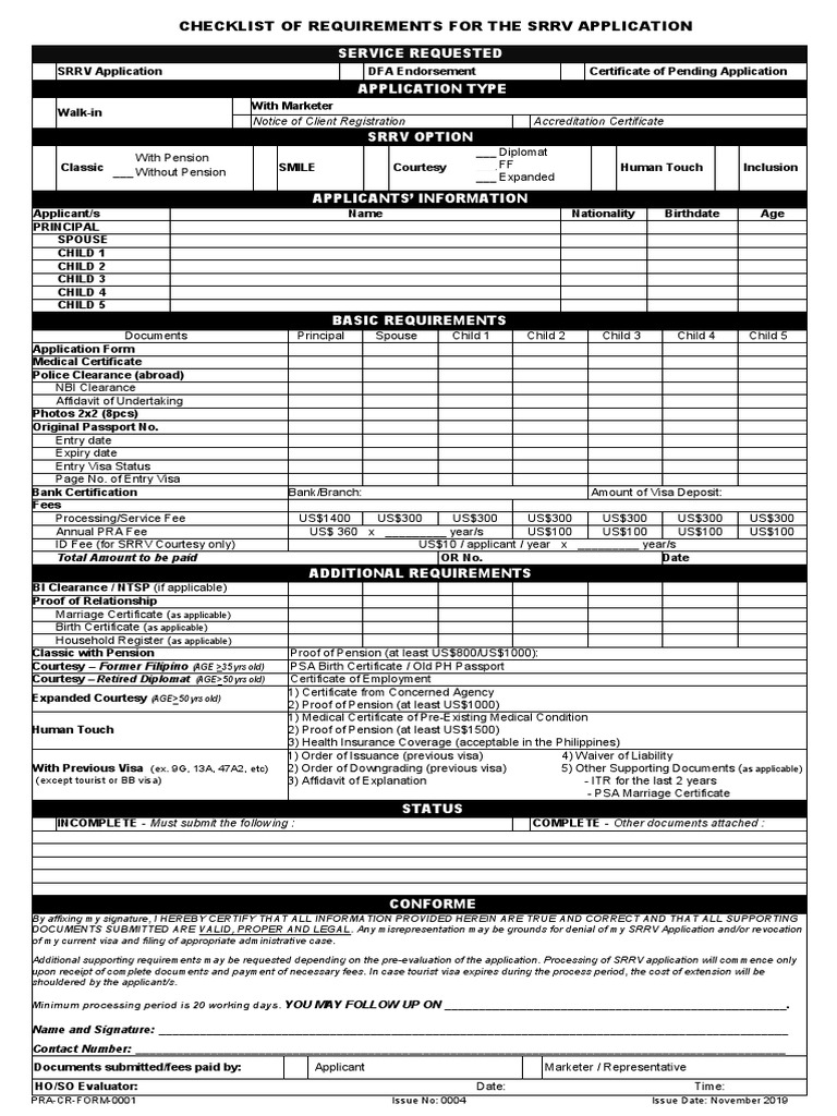 SRRV Application Checklist | PDF | Travel Visa | Birth Certificate