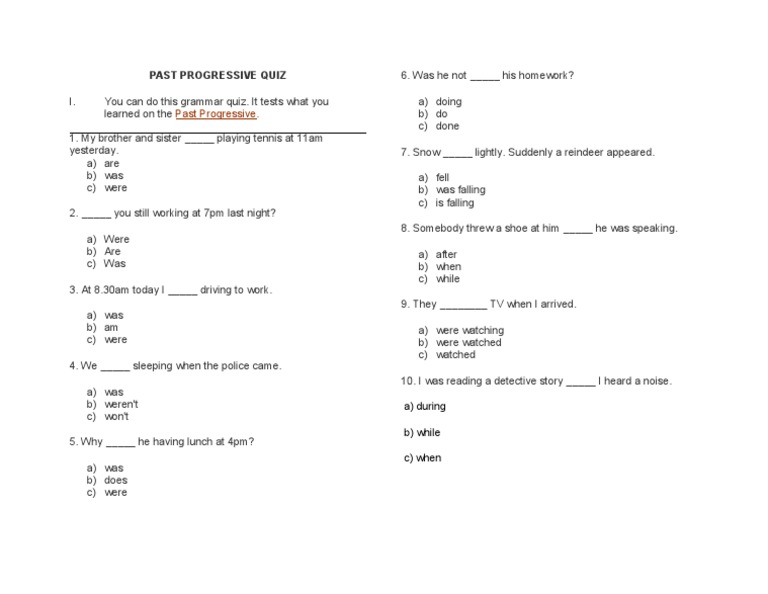 Past Progressive Quiz | PDF