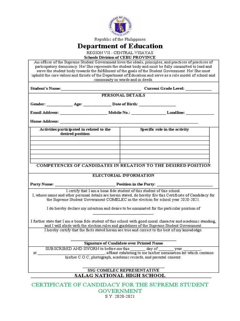 Department of Education: Certificate of Candidacy For The Supreme ...