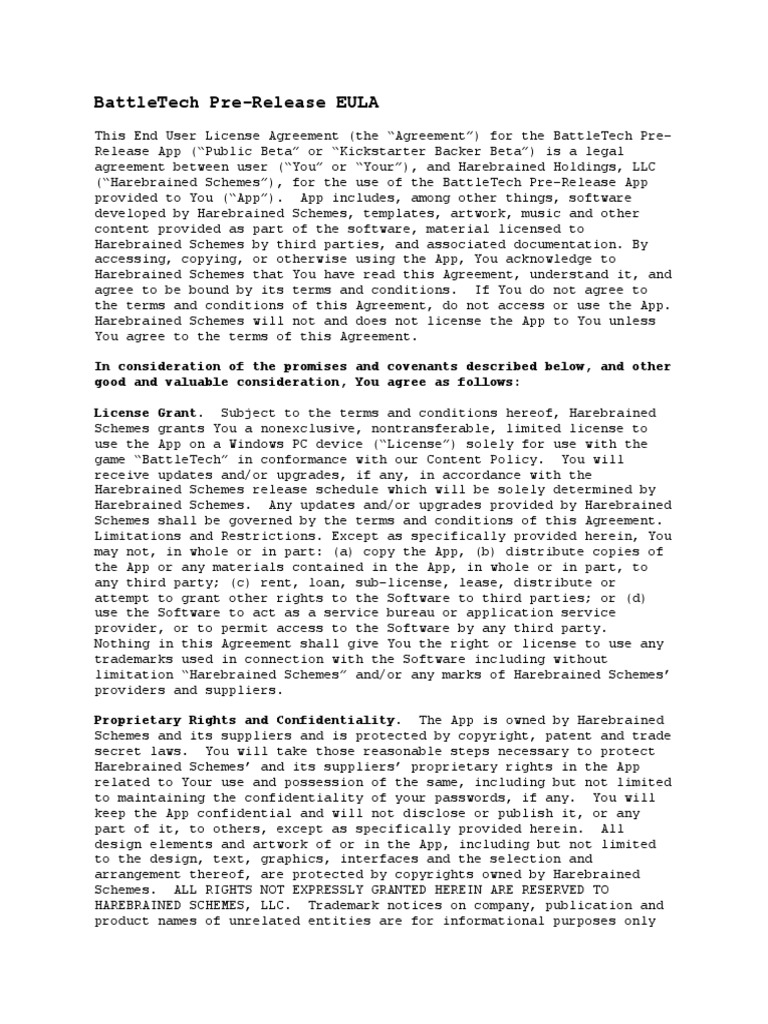 Battletech Pre-Release Eula | PDF | Indemnity | Damages