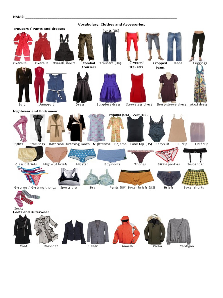 Clothes and Accessories Vocabulary Guide | PDF | Sweater | Trousers