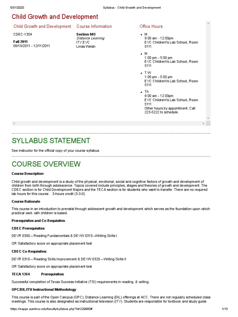 Child Growth and Development Syllabus | PDF | Developmental Psychology ...