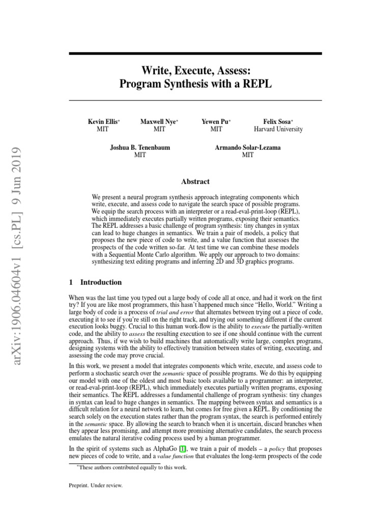 Write, Execute, Assess: Program Synthesis With A REPL: These Authors Contributed Equally To This ...