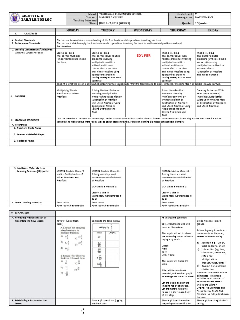 DLL - Mathematics 6 - Q1 - W1 | PDF | Fraction (Mathematics) | Multiplication