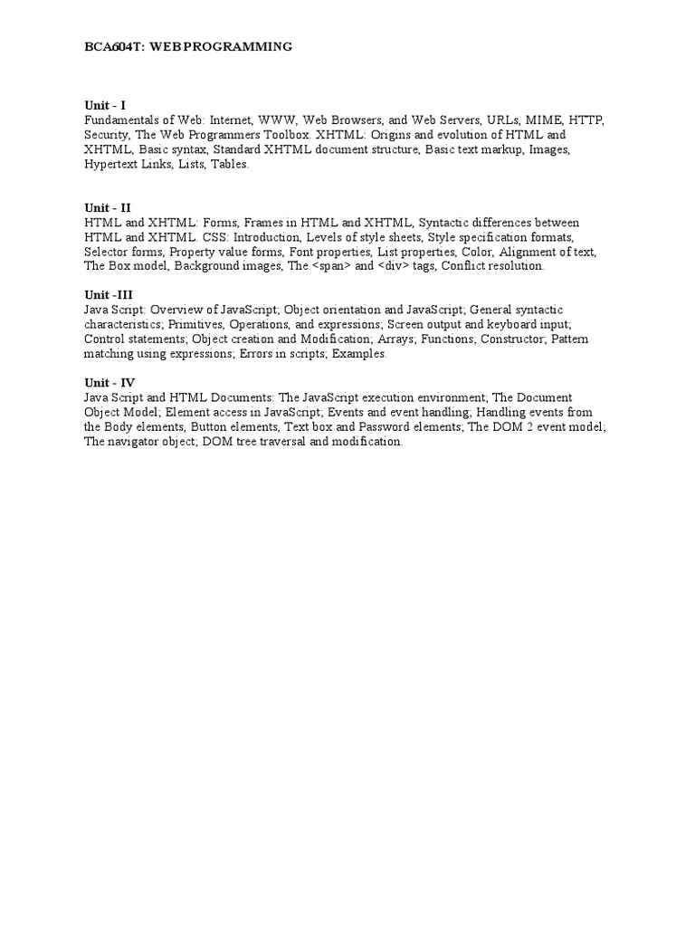 Bca604T: Web Programming | PDF | Xhtml | Html