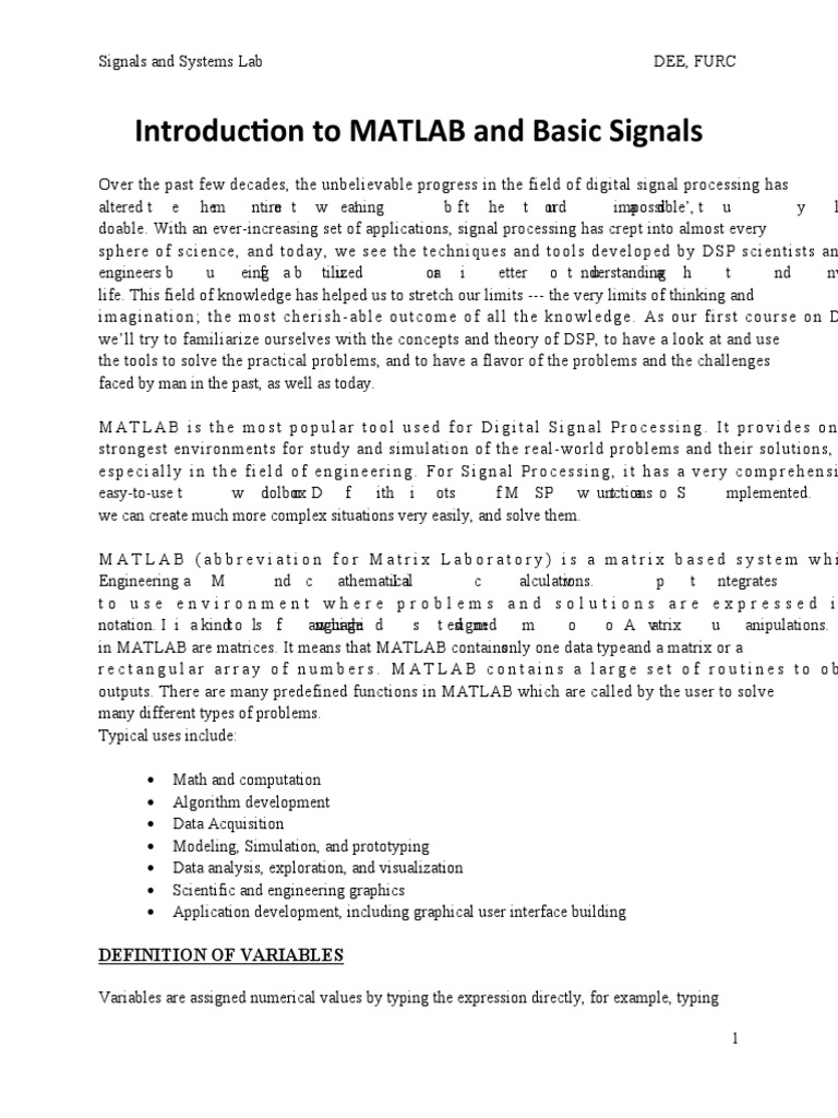 Introduction To MATLAB and Basic Signals: Definition of Variables | PDF ...