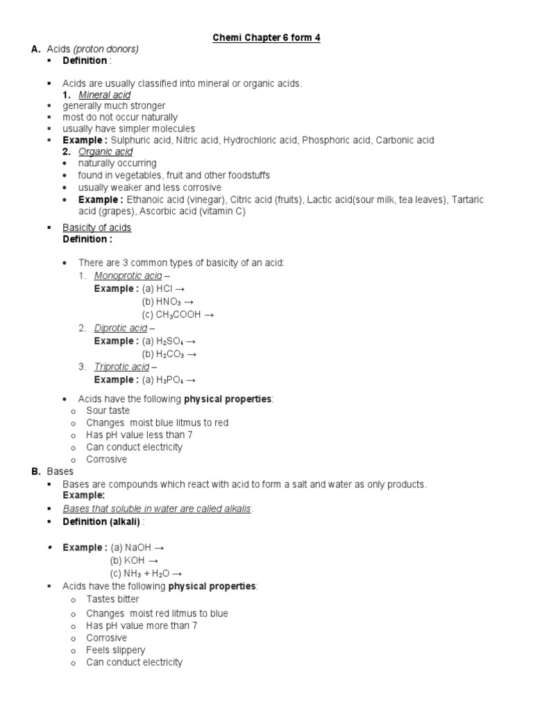 Chemi Chapter 6 Form 4 A. Acids (Proton Donors) Definition | PDF | Acid ...