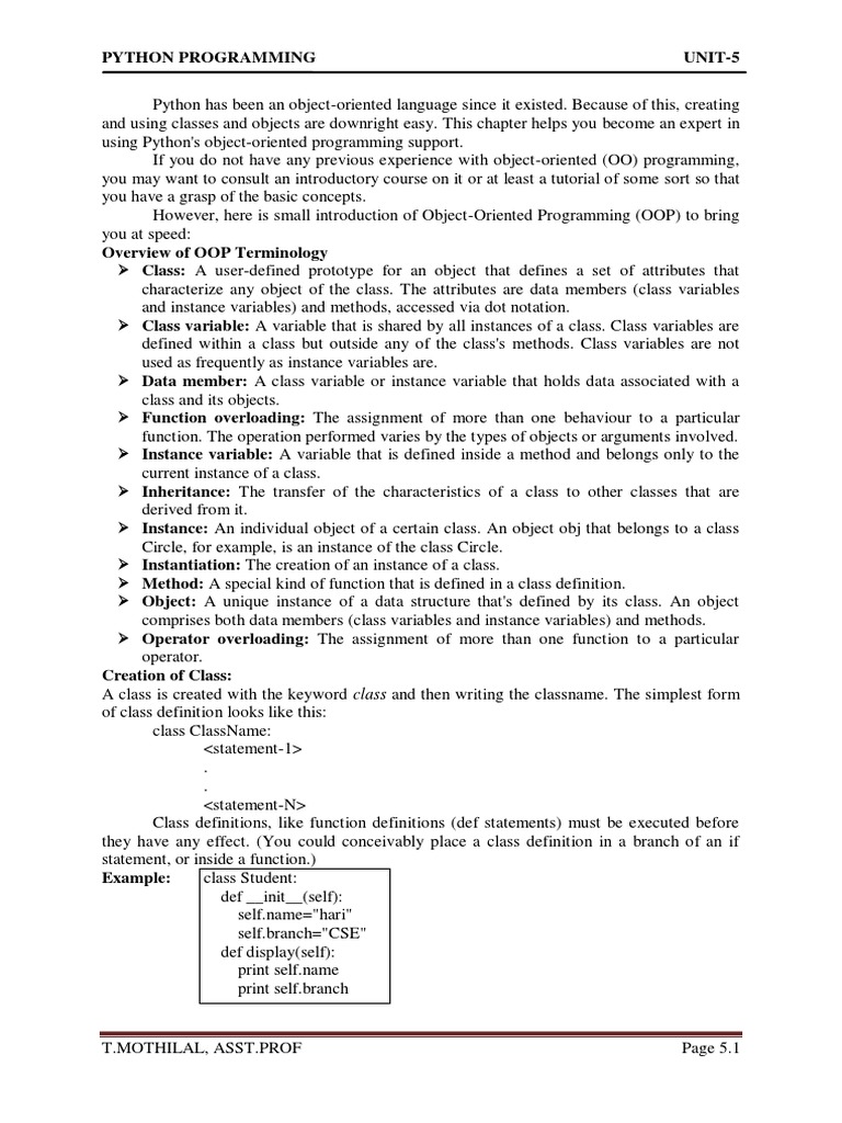 Python Programming Unit 5 Pdf Object Oriented Programming Class