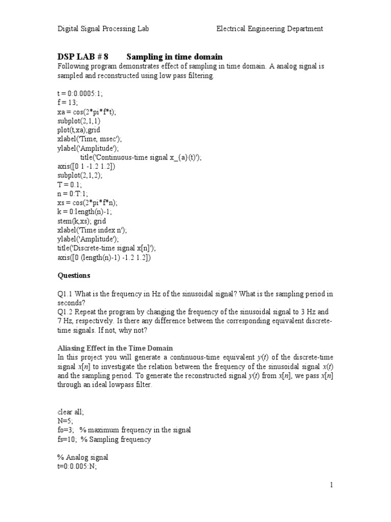 DSP Lab # 8 Sampling in Time Domain: Questions | PDF | Discrete Time And Continuous Time ...