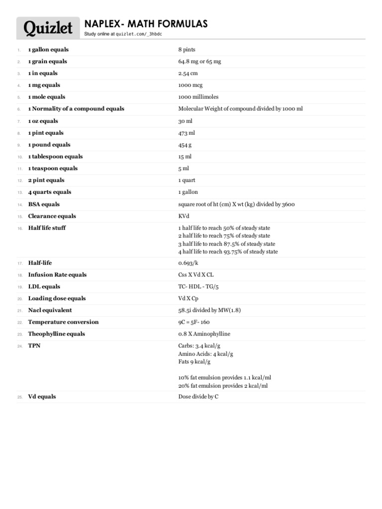 Math Formulas For NAPLEX Calculations | PDF | Drugs