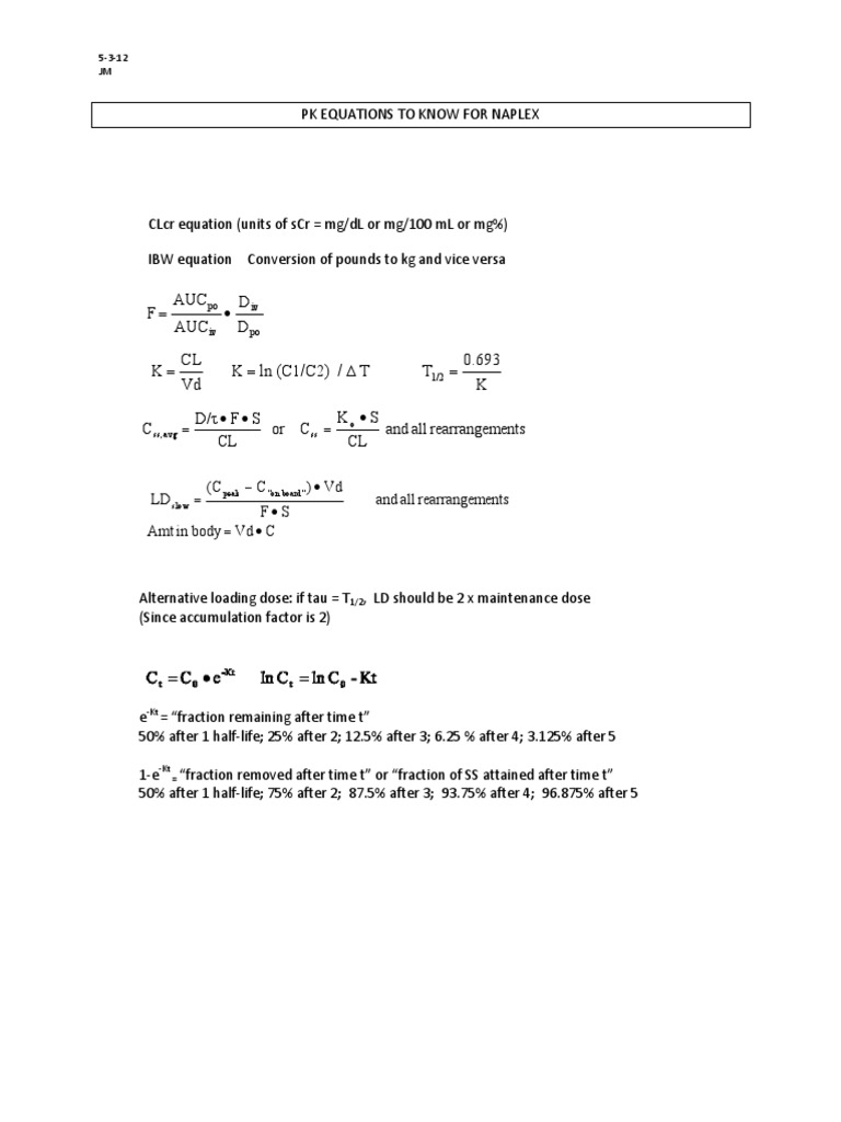 PK Equations To Know For Naplex | PDF