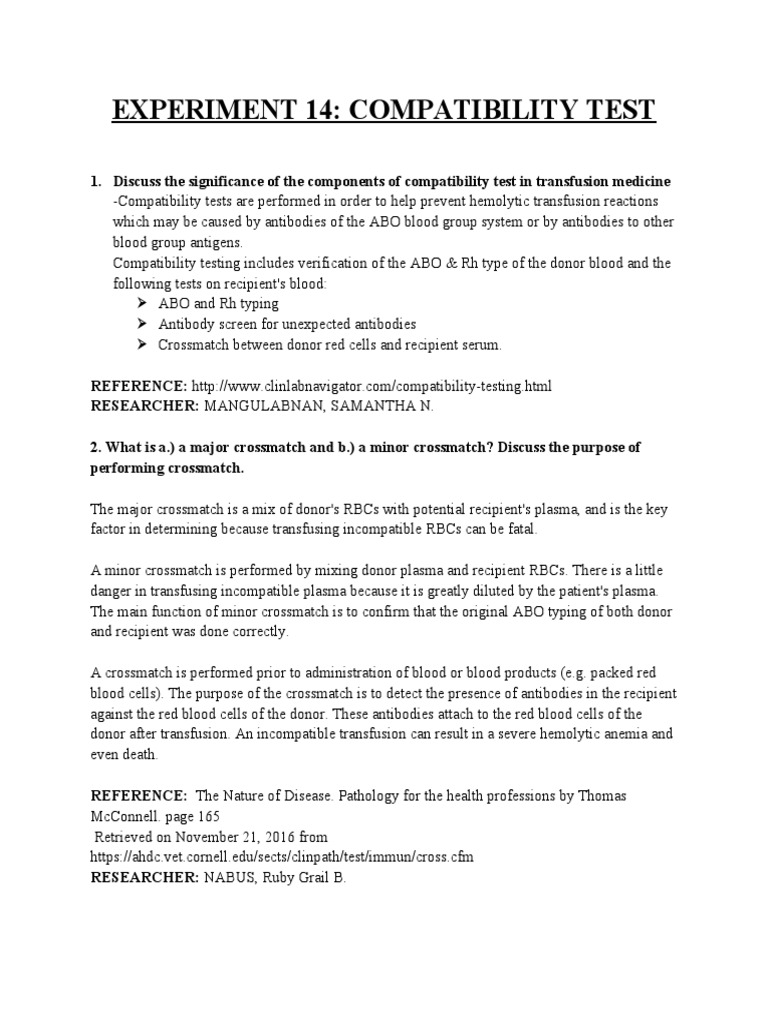 Experiment 14: Compatibility Test | PDF | Blood Type | Immunology