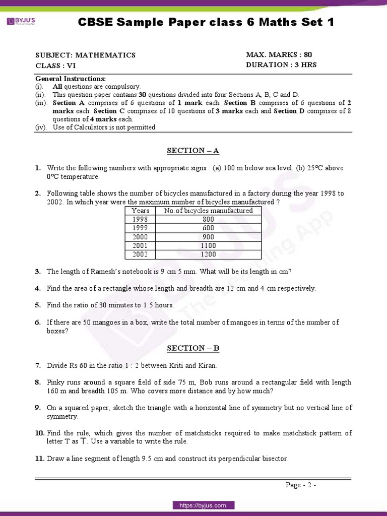 CBSE Sample Paper Class 6 Maths Set 1: All Questions Are Compulsory | PDF | Triangle ...