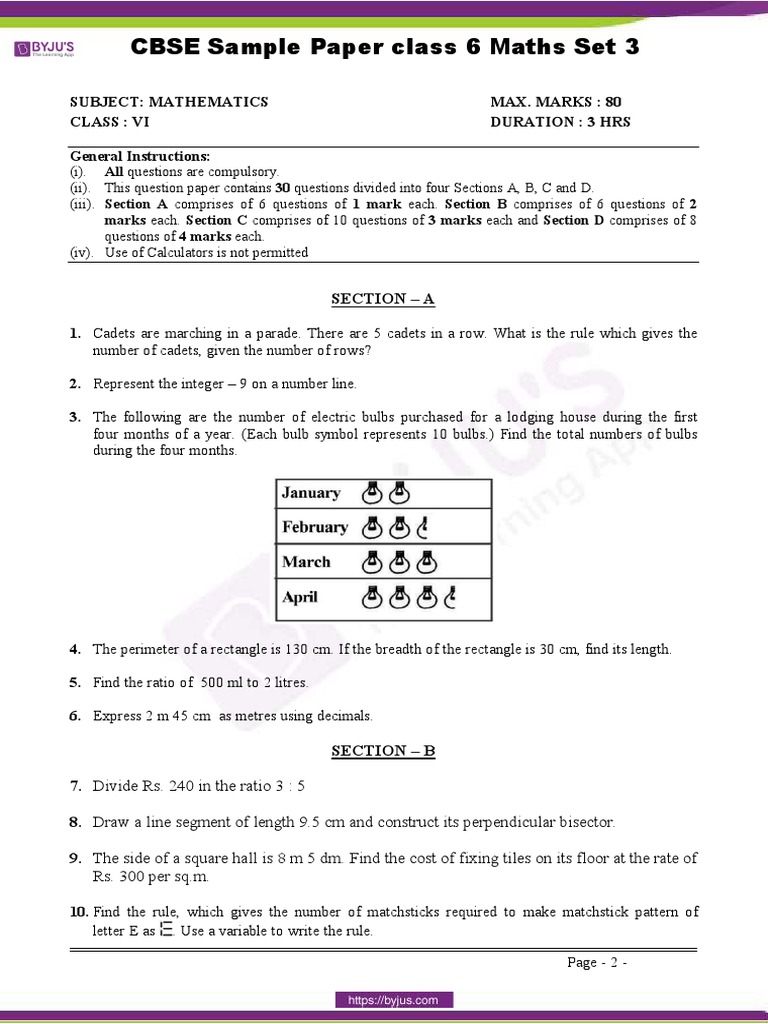 CBSE Sample Paper Class 6 Maths Set 3: Section - A | PDF | Triangle | Elementary Geometry